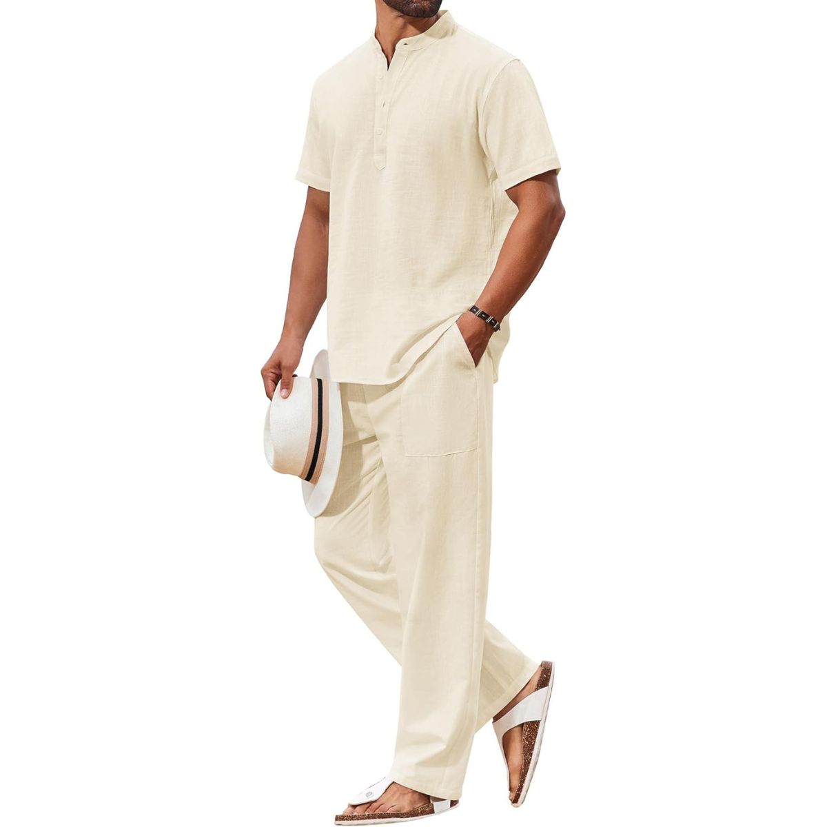COOFANDY Mens Beige Linen Two Piece Set - Just N Life